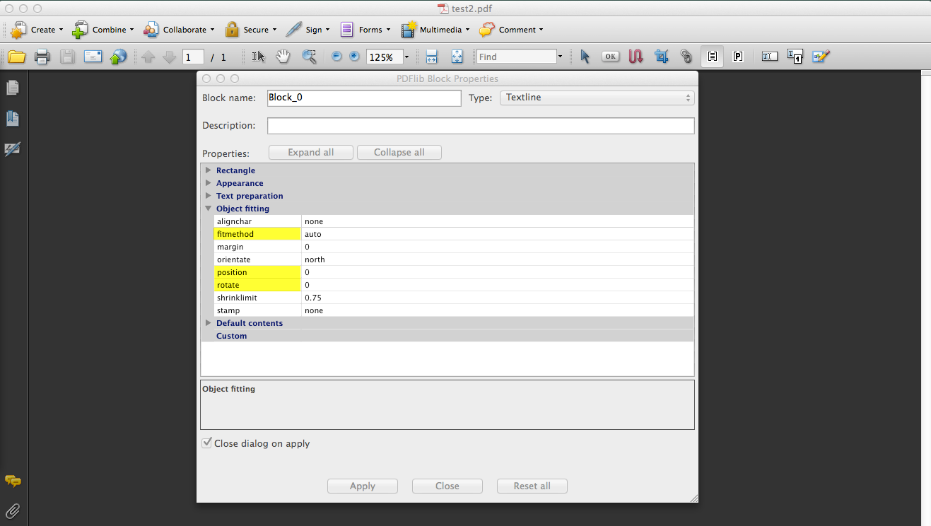 PDFlib block plugin dialog box | Print Science Documentation